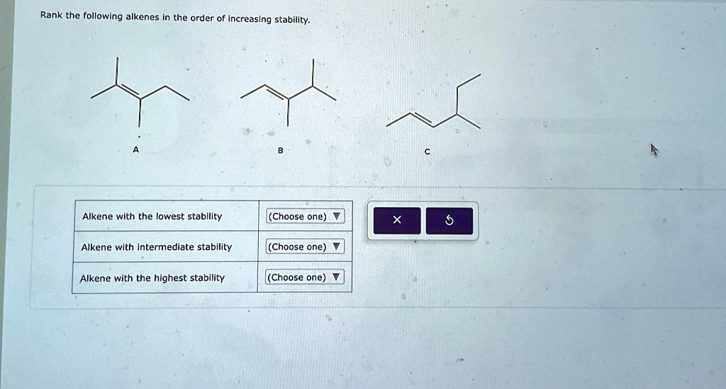 rank the following alkenes in the order of increasing stability alkene ...