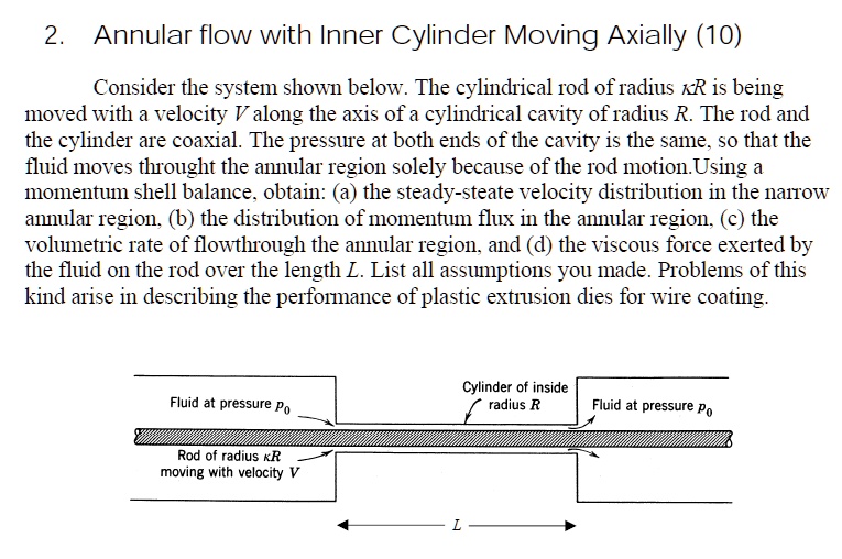 SOLVED: Annular flow with Inner Cylinder Moving Axially (10) Consider the system shown below ...