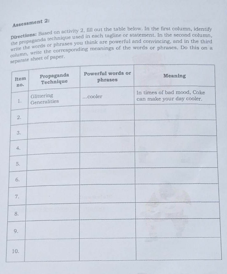 Assessment 2: Directions: Based on activity 2, fill out the table below, In the first column ...