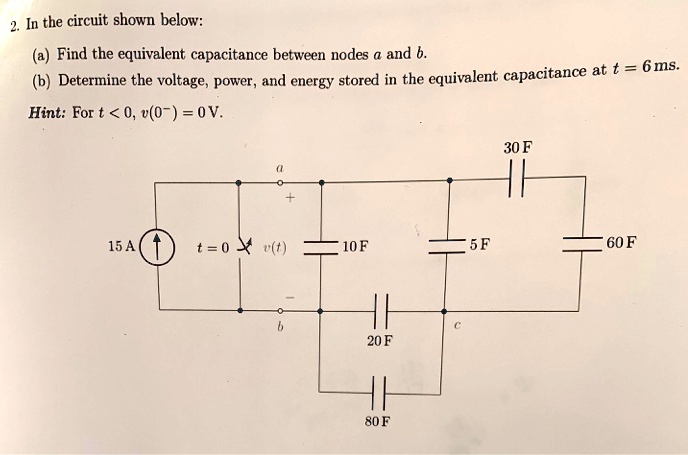 2. In the circuit shown below: (a) Find the equivalent capacitance between nodes a and b. (b ...