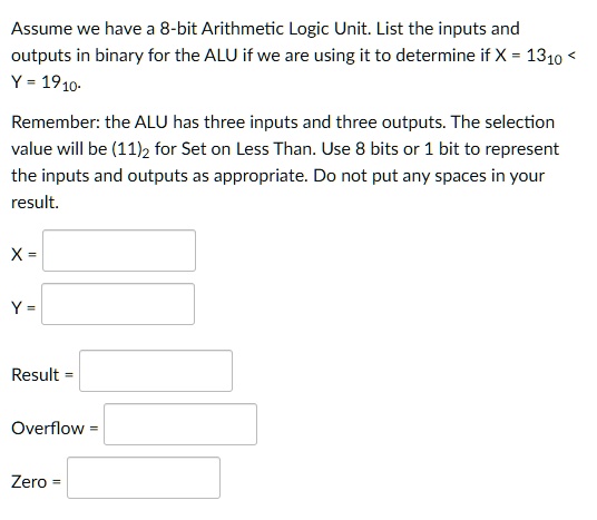 SOLVED: Assume we have an 8-bit Arithmetic Logic Unit. List the inputs ...