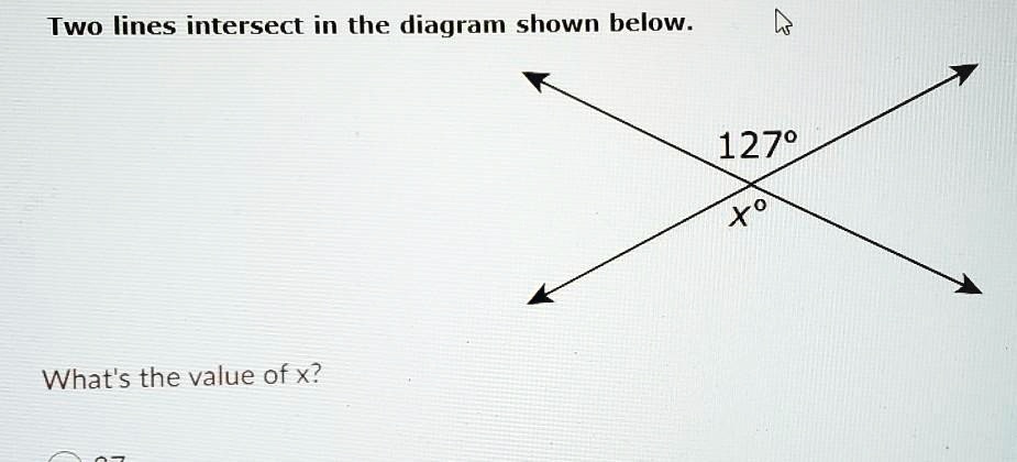 SOLVED: A. 37 B. 53 C. 127 D. 217 Two lines intersect in the diagram shown below: 1270 Xo What's ...