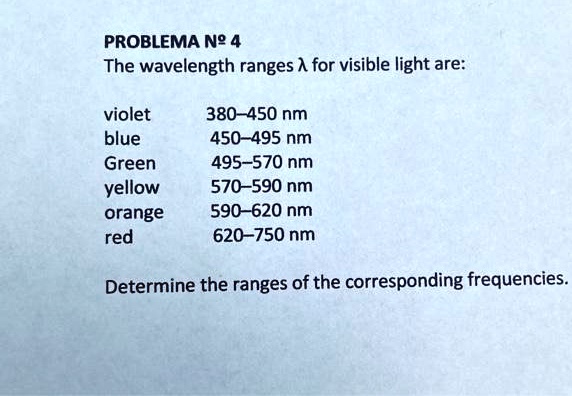SOLVED:PROBLEMA N? 4 The wavelength ranges A for visible light are ...