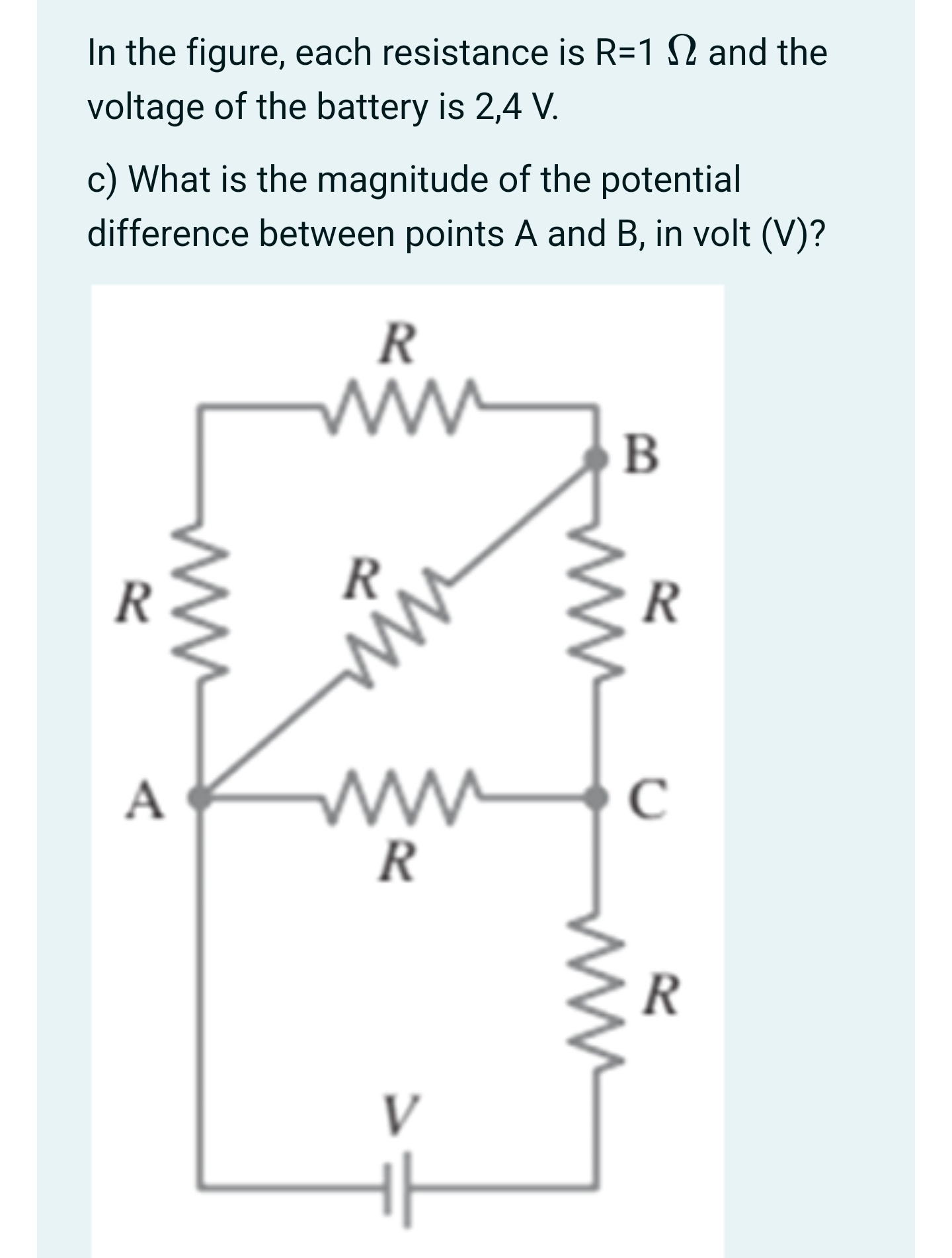 In the figure, each resistance is R=1 Ω and the voltage of the battery ...