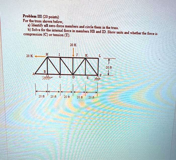 SOLVED: Problem III (20 points) For the truss shown below: a) Identify ... SOLVED: Problem III (20 points) For the truss shown below: a) Identify ...