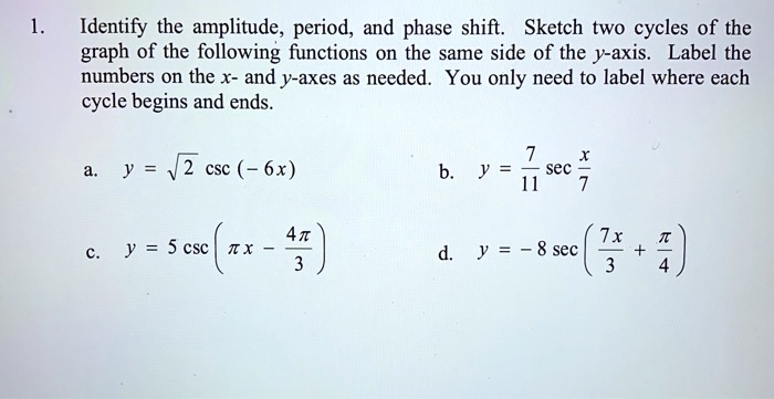 SOLVED: Identify the amplitude, period, and phase shift. Sketch two cycles of the graph of the ...