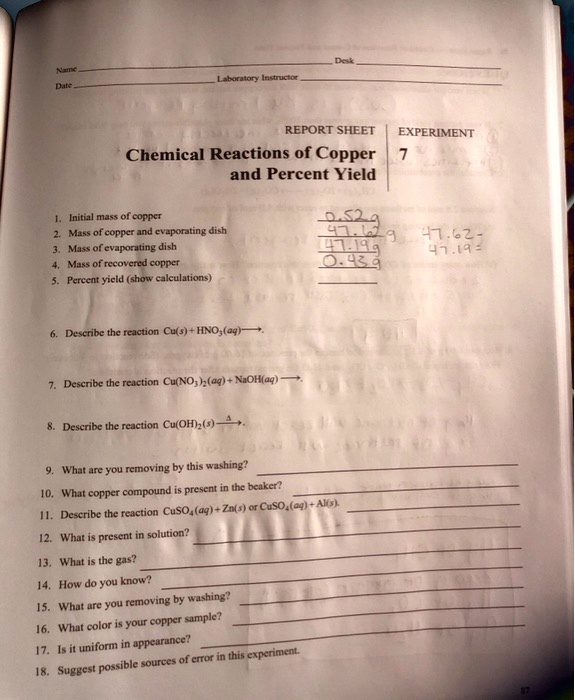 SOLVED: REPORT SHEET: Chemical Reactions of Copper and Percent Yield ...