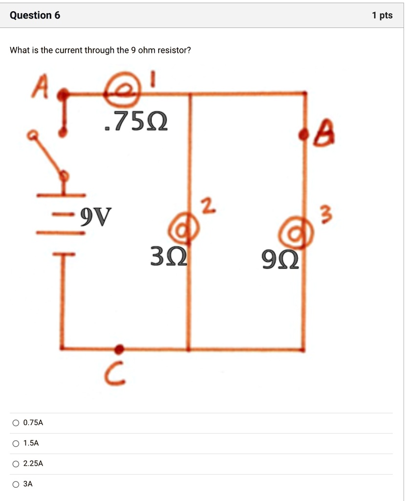 SOLVED: Question 6 1 pts What is the current through the 9 ohm resistor ...