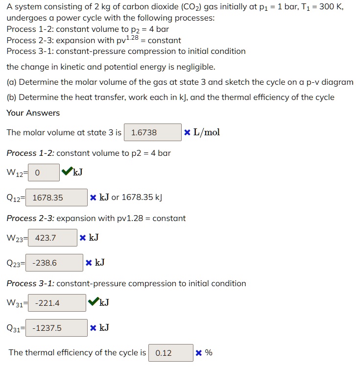 SOLVED: A system consisting of 2 kg of carbon dioxide (CO2) gas initially at p1 = 1 bar, T1 ...
