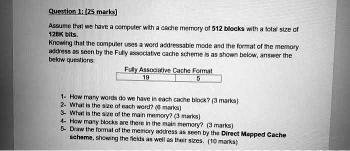 SOLVED: Assume that we have a computer with a cache memory of 512 blocks with a total size of ...