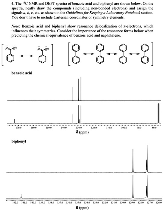 the c nmr and dept spectra ofbenzoic acid and bipheny are shown below ...
