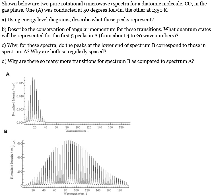SOLVED: Shown below are two pure rotational (microwave) spectra for a diatomic molecule, CO, in ...