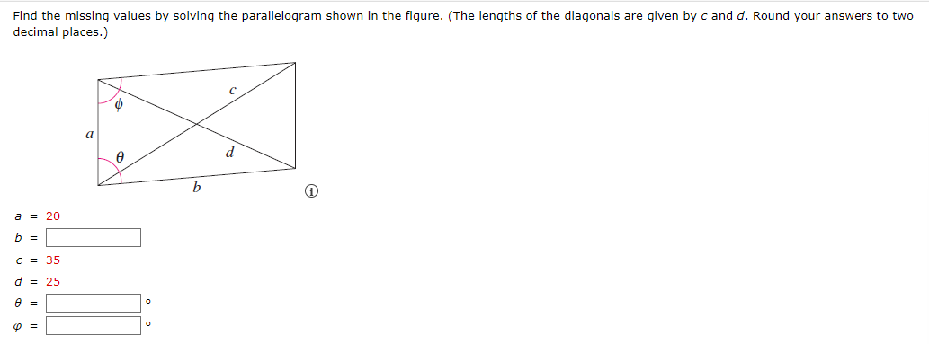 Find the missing values by solving the parallelogram shown in the figure. (The lengths of the ...