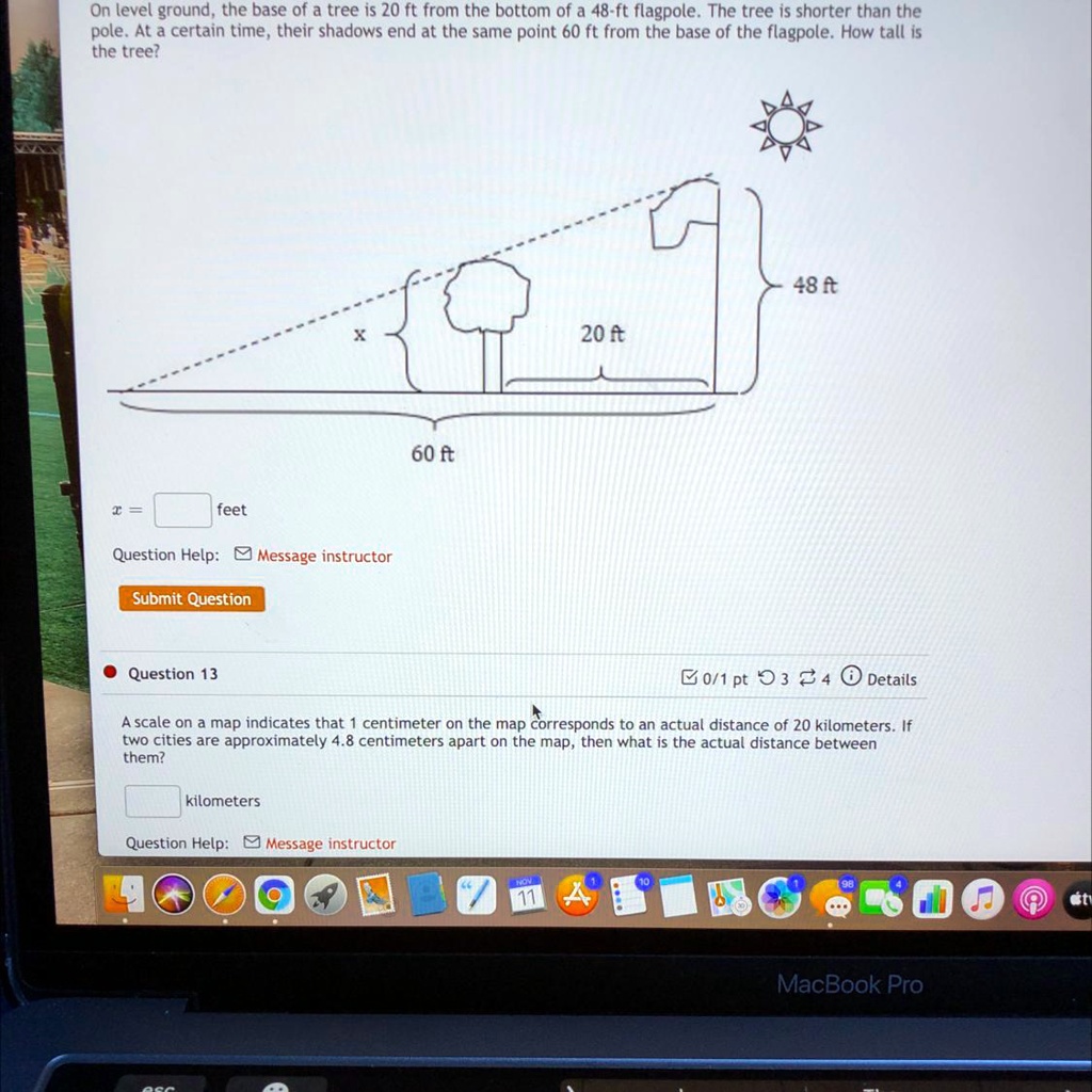 On level ground, the base of a tree is 20 ft from the bottom of a 48-ft ...