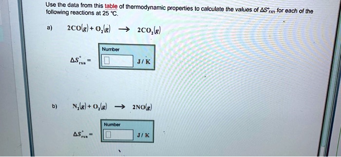 SOLVED:Use the data Irom this table of thermodynamic properties t0 calculate the lollowing ...