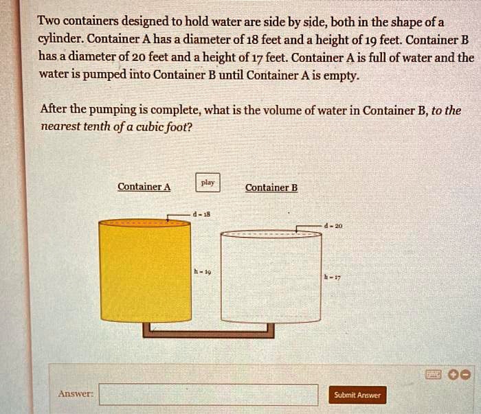 two containers designed to hold water are side by side both in the shape ofa cylinder container ...