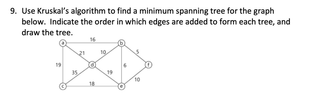 SOLVED: 9. Use Kruskal's algorithm to find a minimum spanning tree for the graph below: Indicate ...