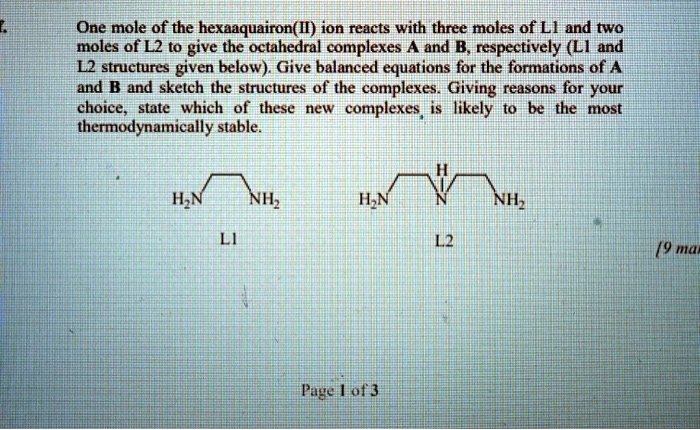 SOLVED: One mole of the hexaaquairon(II) ion reacts with three moles of ...