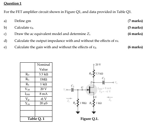 SOLVED: Question 1 For the FET amplifier circuit shown in Figure Q1, and data provided in Table ...