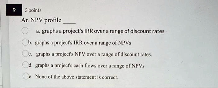 SOLVED: 3 points: An NPV profile a. Graphs a project's IRR over a range ...