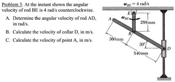 Problem 3. At the instant shown the angular velocity of rod BE is 4 rad/s counterclockwise. A ...