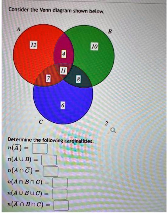 SOLVED: Consider the Venn diagram shown below: A B 12 10 4 7 8 2 Q Determine the following ...