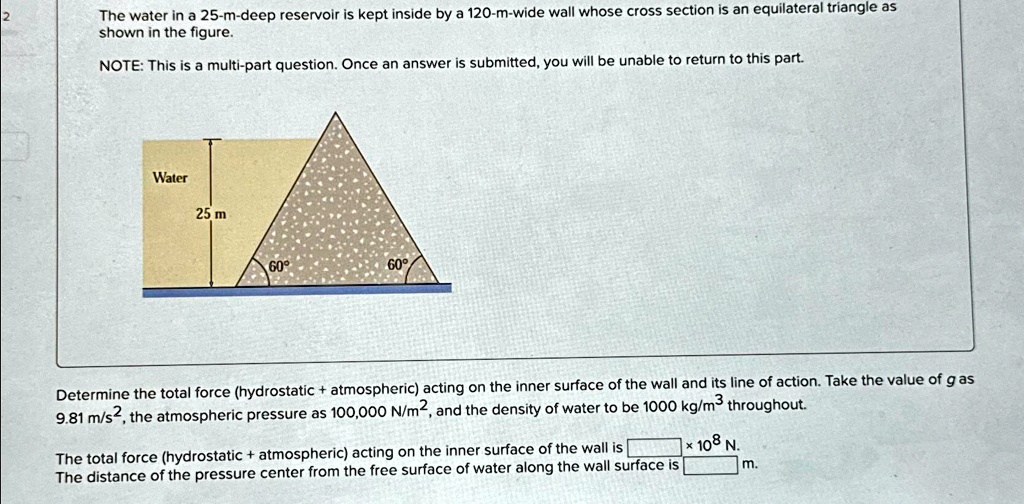 SOLVED: 2 The water in a 25-m-deep reservoir is kept inside by a 120-m-wide wall whose cross ...