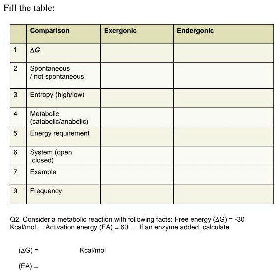 fill the table comparison exergonic endergonic 46 spontaneous not ...