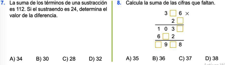SOLVED: DOY CORONA Y ESTRELLAS 7. La suma de los términos de una sustracción es 112. Si el ...