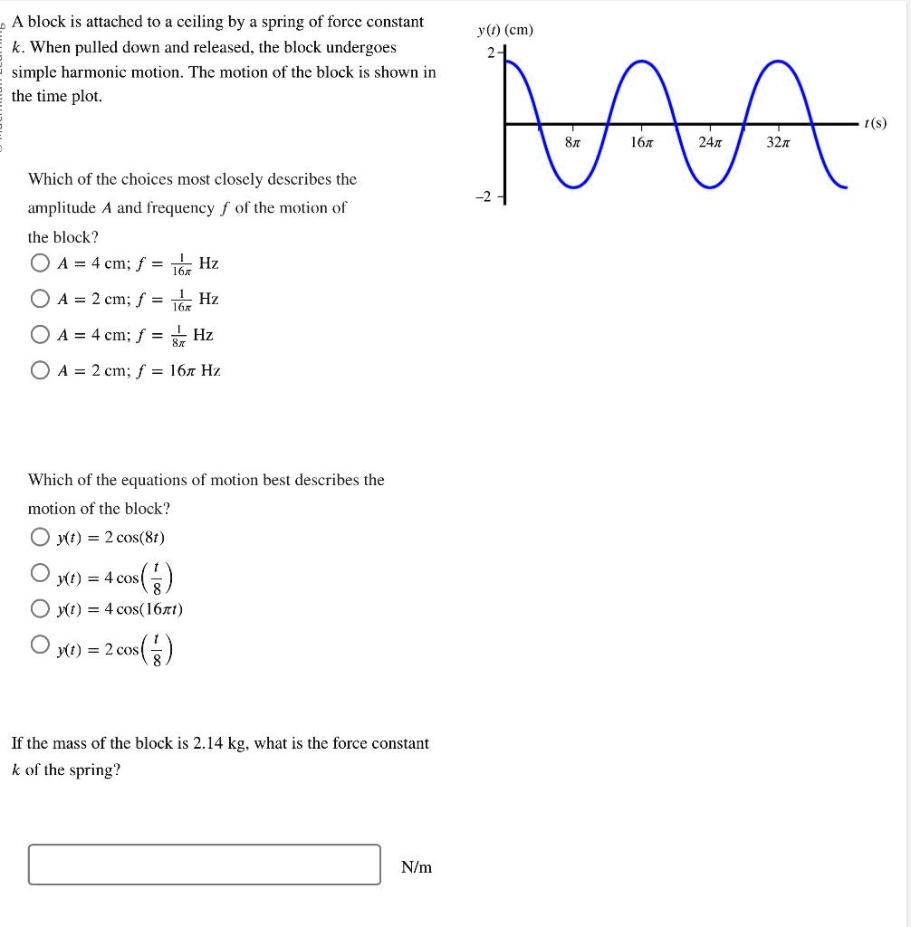 SOLVED: A block is attached to a ceiling by a spring of force constant k. When pulled down and ...