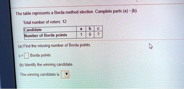 SOLVED: The table represents Borda method election. Complete parts (a ...