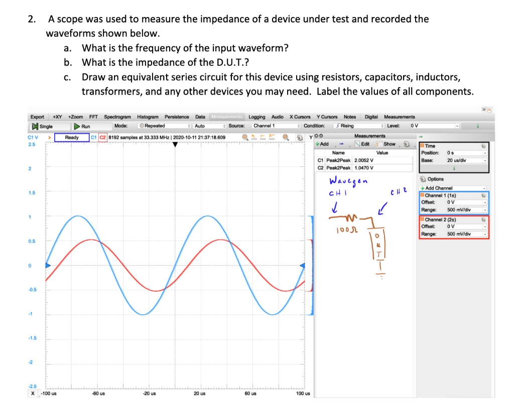 SOLVED: 2. A scope was used to measure the impedance of a device under ...