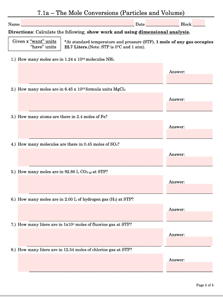 SOLVED: 7.la The Mole Conversions (Particles and Volume) Name Date Block Directions: Calculate ...