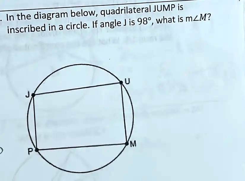SOLVED: In the diagram below, quadrilateral JUMP is J is 989, what is mzM? inscribed in a circle ...