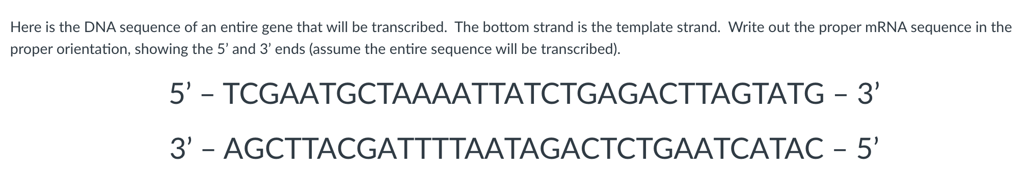SOLVED: Here is the DNA sequence of an entire gene that will be transcribed. The bottom strand ...