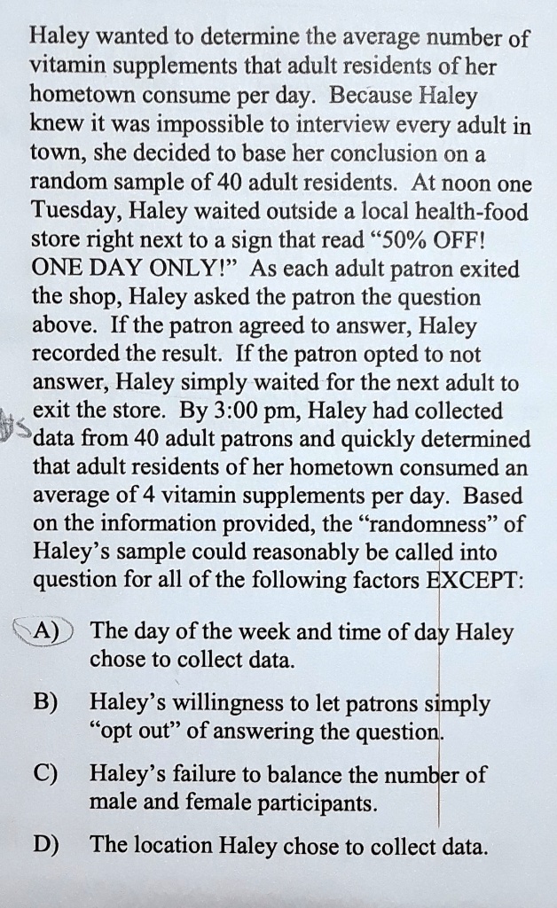 SOLVED: Haley - wanted to determine the average number of vitamin ...