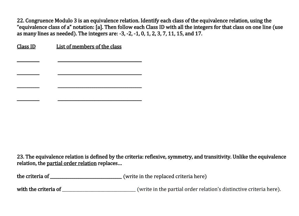 SOLVED: 22. Congruence Modulo 3 is an equivalence relation. Identify ...