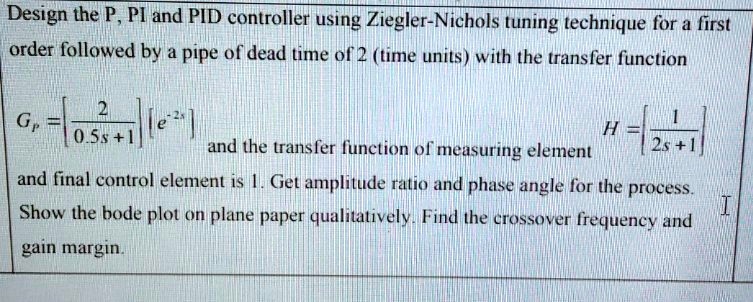 Design the P, PI and PID controller using Ziegler-Nichols tuning technique for a first order ...