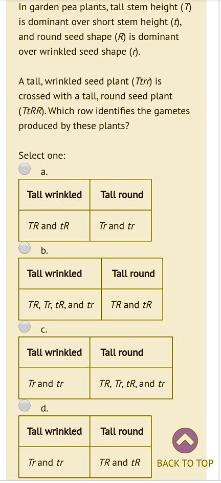 SOLVED: In garden pea plants,tall stem height (T) is dominant over ...