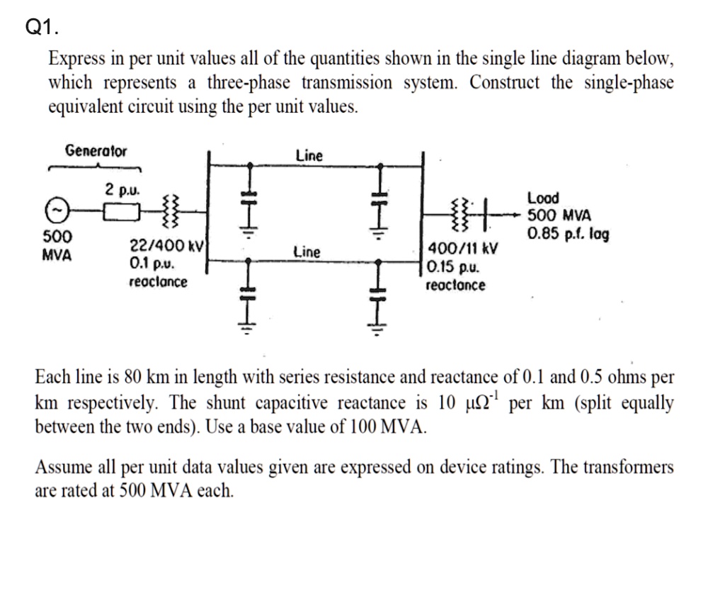 Q1. Express in per unit values all of the quantities shown in the single line diagram below ...
