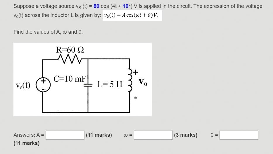 Suppose a voltage source Vst = 80 cos(4t) + 10V is applied in the circuit. The expression of the ...