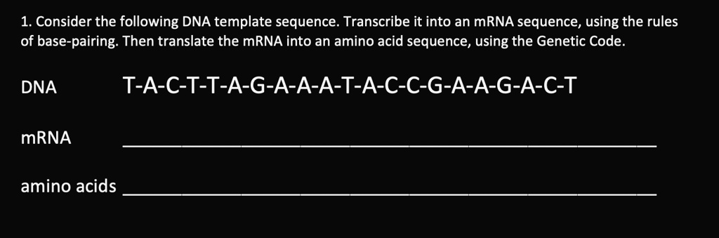 SOLVED: Consider the following DNA template sequence. Transcribe it into an mRNA sequence, using ...