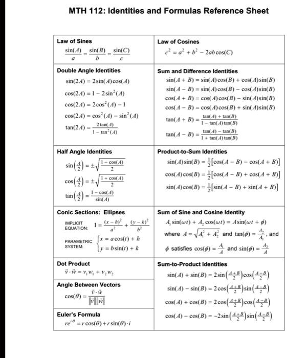 mth 112 identities and formulas reference sheet lat of sines sinl 4 si ...