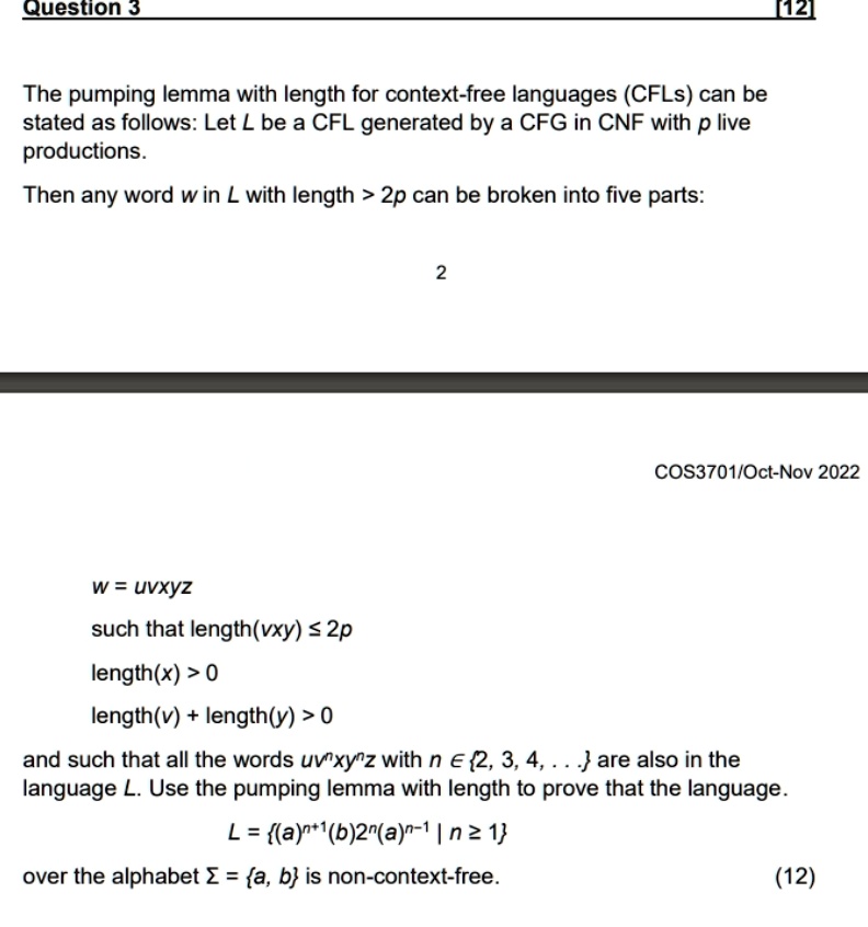 SOLVED: The pumping lemma with length for context-free languages (CFLs ...