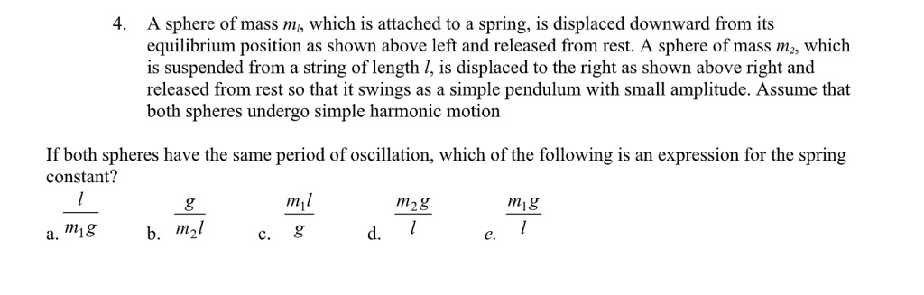 a sphere of mass mi which is attached to a spring is displaced downward ...