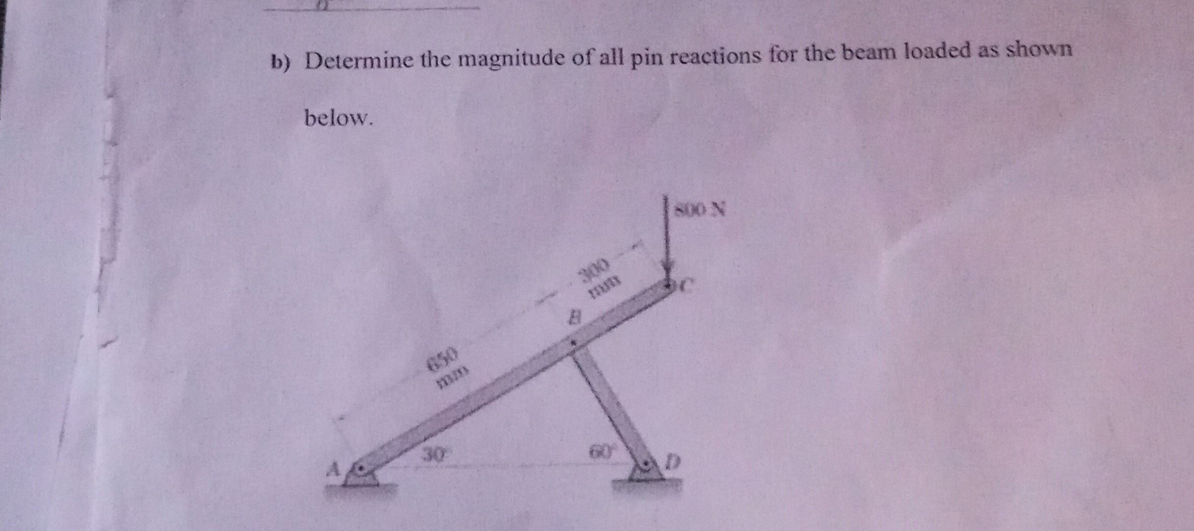 B Determine The Magnitude Of All Pin Reactions For The Beam Loaded As Shown Below
