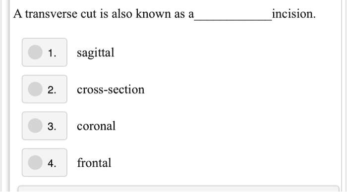 SOLVED: A transverse cut is also known as a incision. 1. sagittal 2 ...