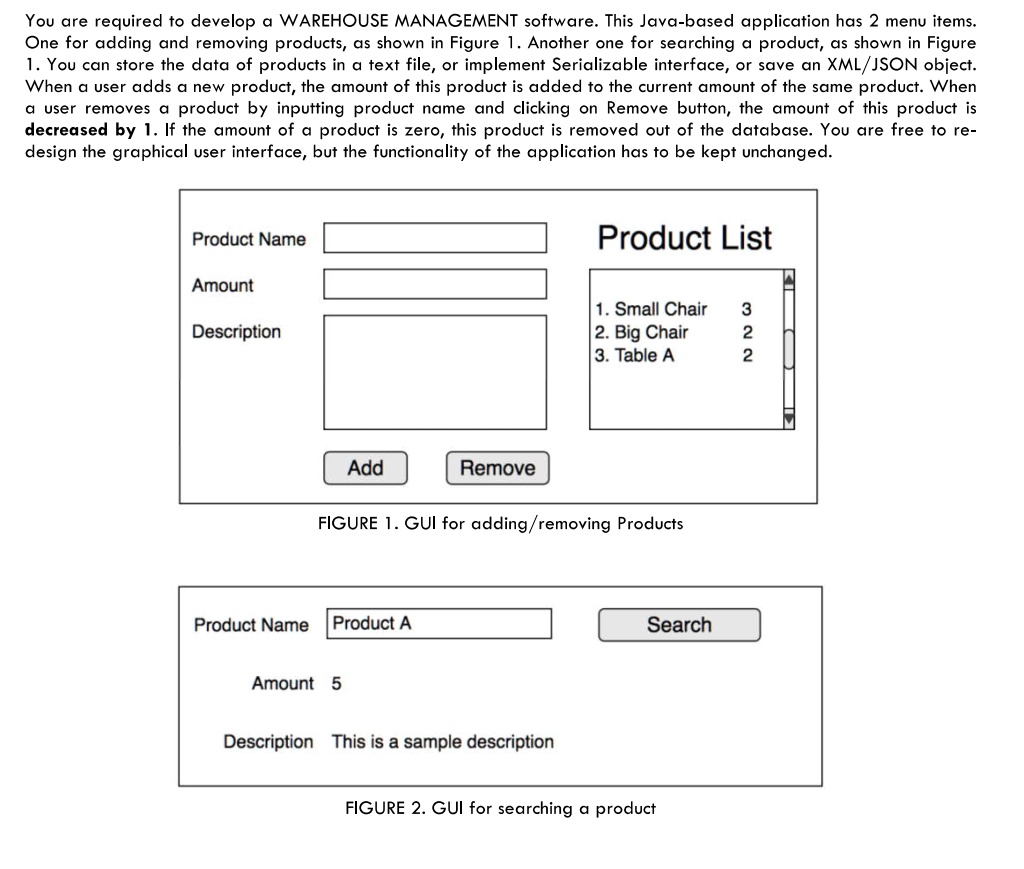 You are required to develop a WAREHOUSE MANAGEMENT software. This Java-based application has 2 ...
