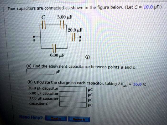 SOLVED: Four capacitors are connected 35 shown in the figure below. (Let € = 10.0 HF) 3.00 pF 20 ...