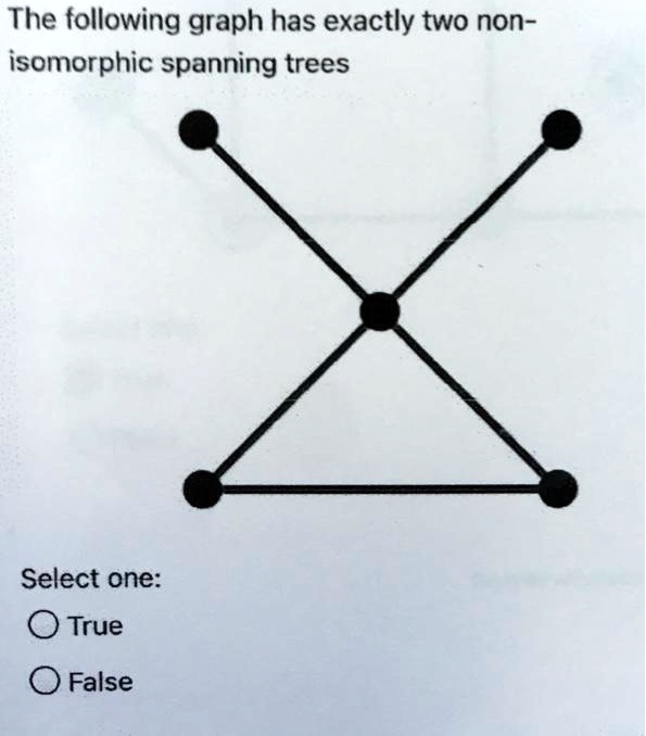 SOLVED: The following graph has exactly two non - isomorphic spanning trees Select one: True False